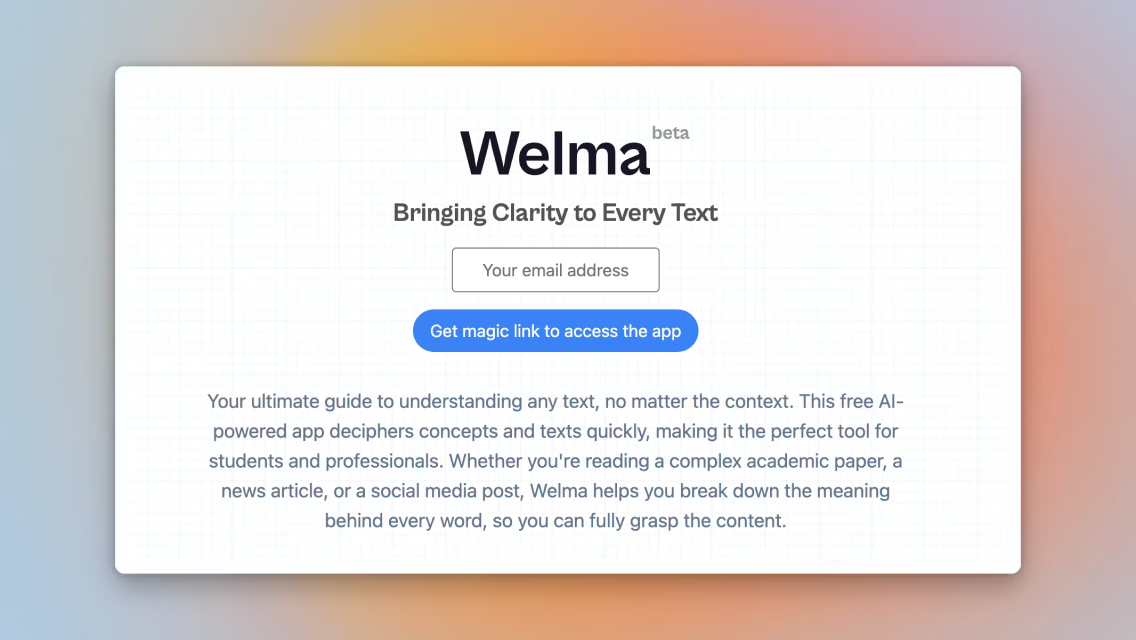 Welma - Simplify Complex Texts with AI Tool Welma | waildworld.com