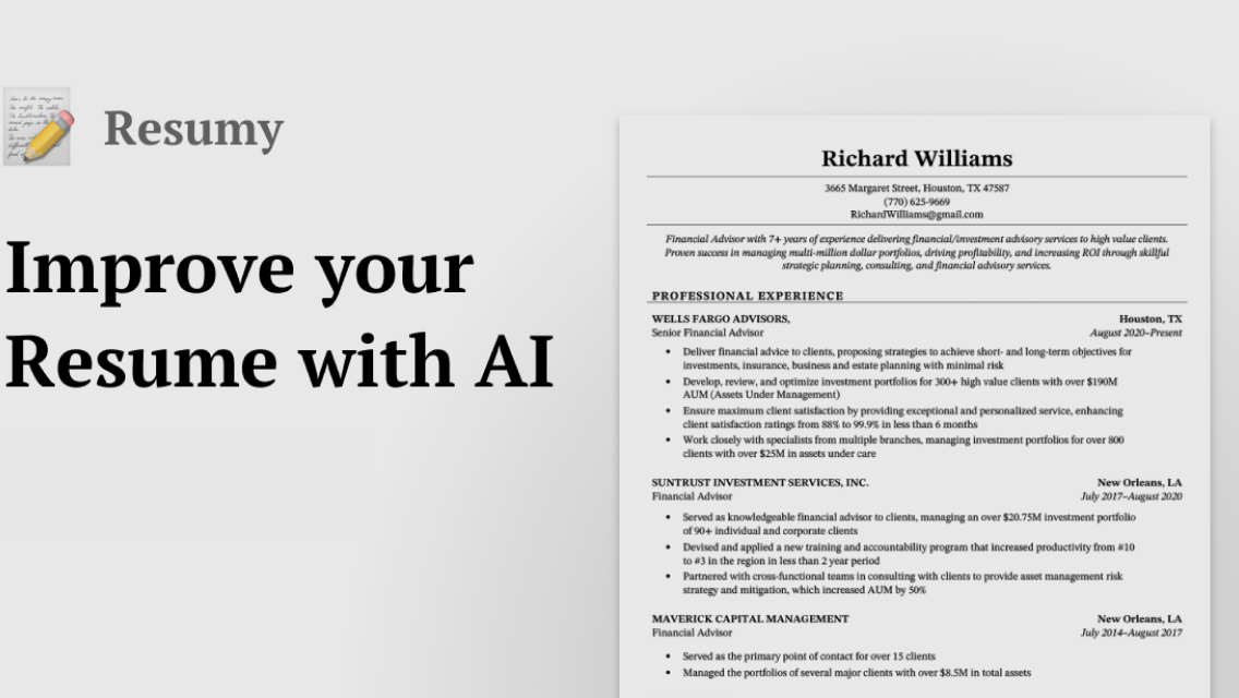 Generate professional resumes in just one minute with Resumy - a resume builder powered by ...